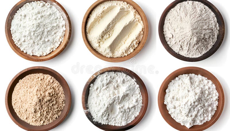 Different Types of Flour on White Background, Top and Side Views ...