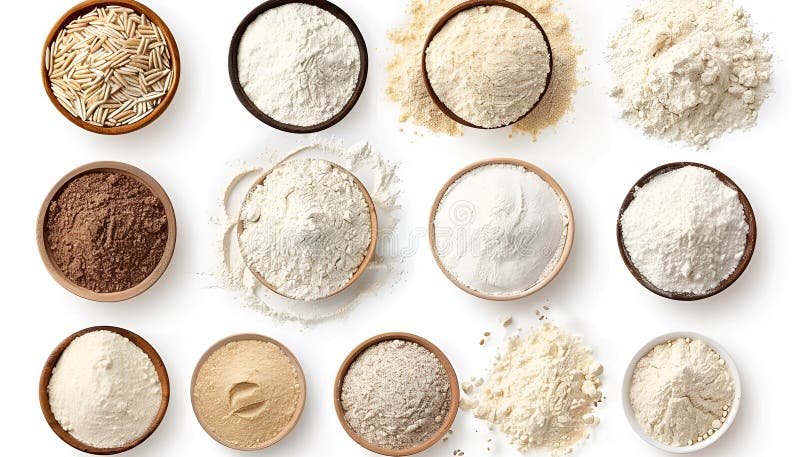 Different Types of Flour on White Background, Top and Side Views ...