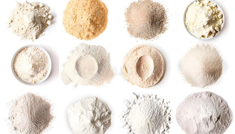 Different Types of Flour on White Background, Top and Side Views ...