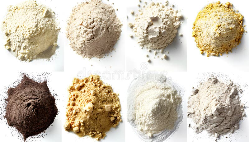 Different Types of Flour on White Background, Top and Side Views ...