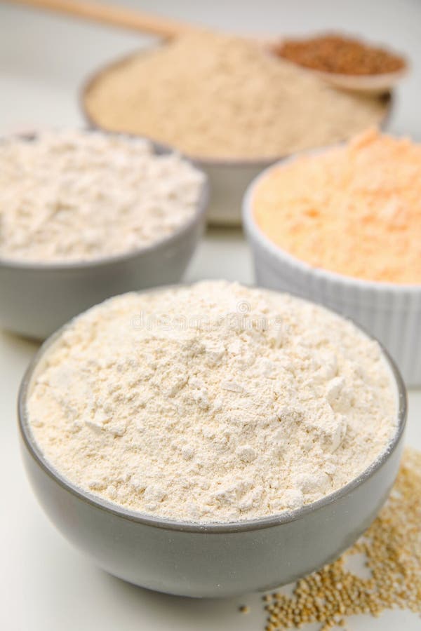 Different Types of Flour on White Table, Closeup Stock Image - Image of ...