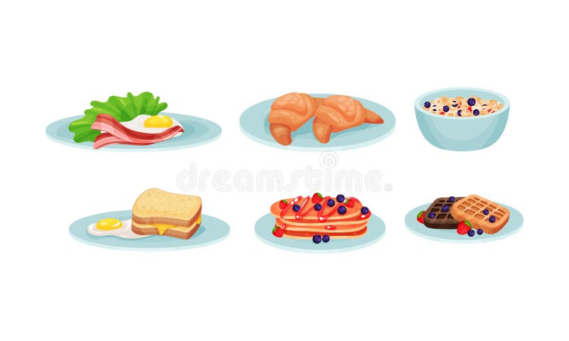 Different Types of Food and Snacks Served on Plates Vector Set Stock ...