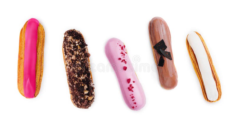 Different Types of French Eclairs on a White Plate Isolated on White ...