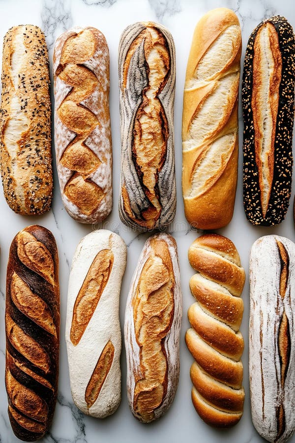 Different Types of Fresh Baguettes Laid Out in a Row on a White ...