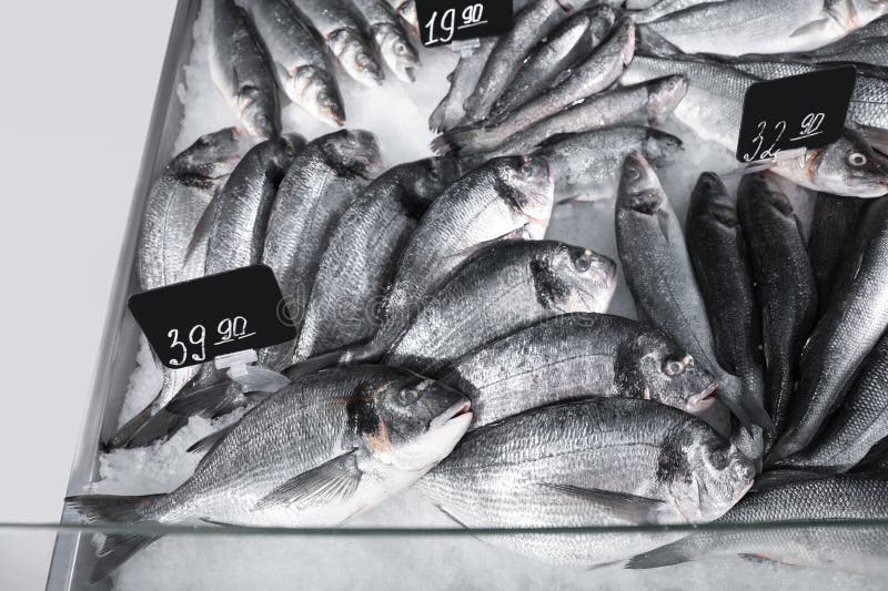 Different Types of Fish on Ice in Supermarket Stock Image - Image of ...