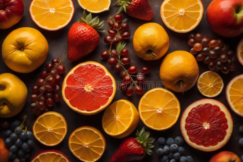 Different Types of Fresh Fruits on a Dark Background, Top View Stock ...