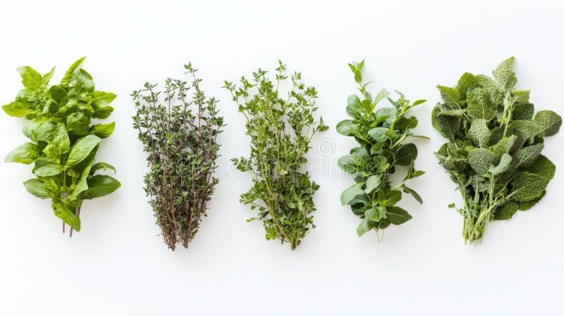 Different Types of Fresh Herbs Displayed in Small Bunches on a Clean ...