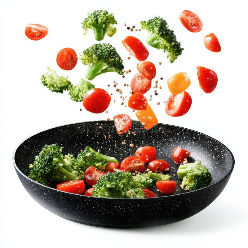 Different Types of Fresh Vegetables Flying into a Fry Pan Isolated on ...