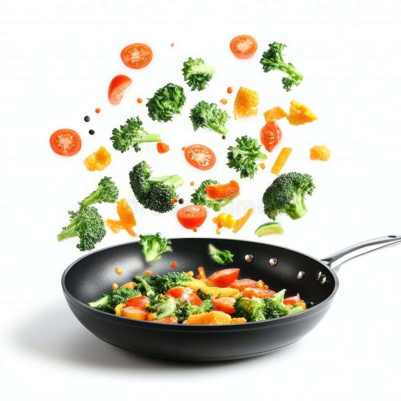 Different Types of Fresh Vegetables Flying into a Fry Pan Isolated on ...