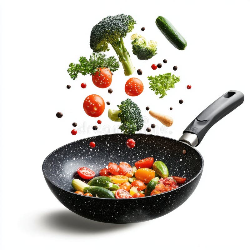 Different Types of Fresh Vegetables Flying into a Fry Pan Isolated on ...
