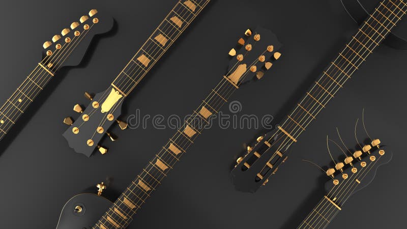 Different Types of Fretboard Guitar Instruments on Black Background 3d ...