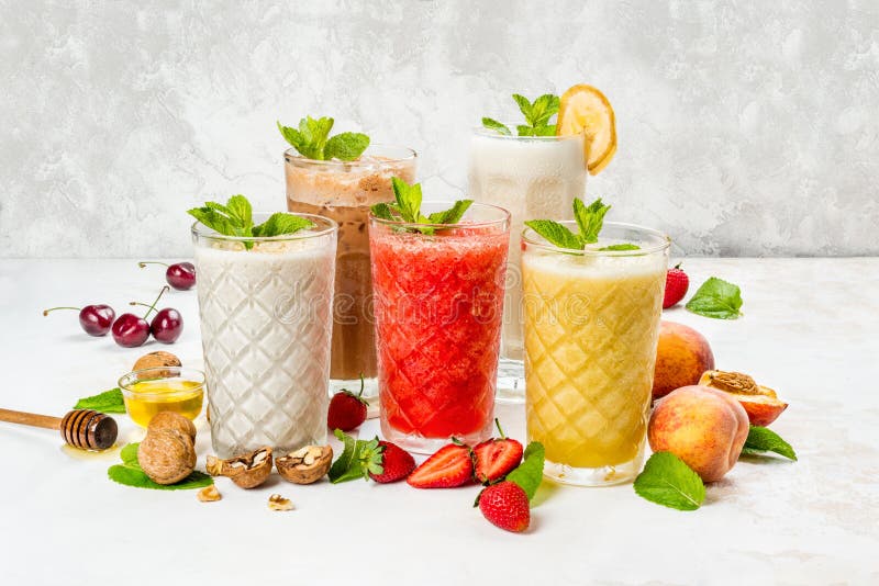 Different Types of Fruit Smoothies in One Frame Stock Image - Image of ...