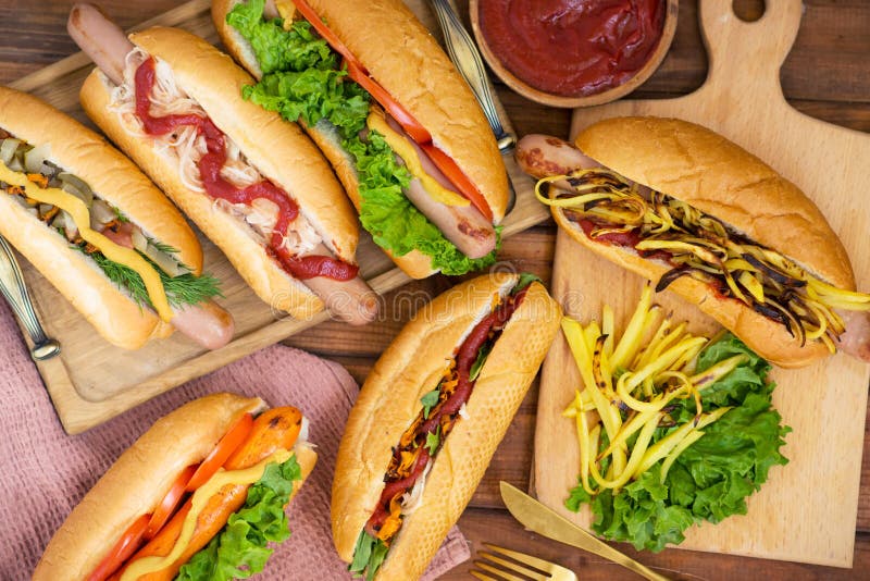 Different Types of Hot Dog on a White Table Stock Image - Image of ...