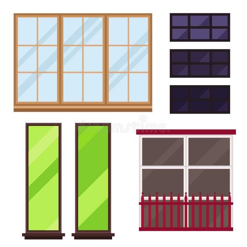 Different Types House Windows Elements Flat Style Glass Frames ...