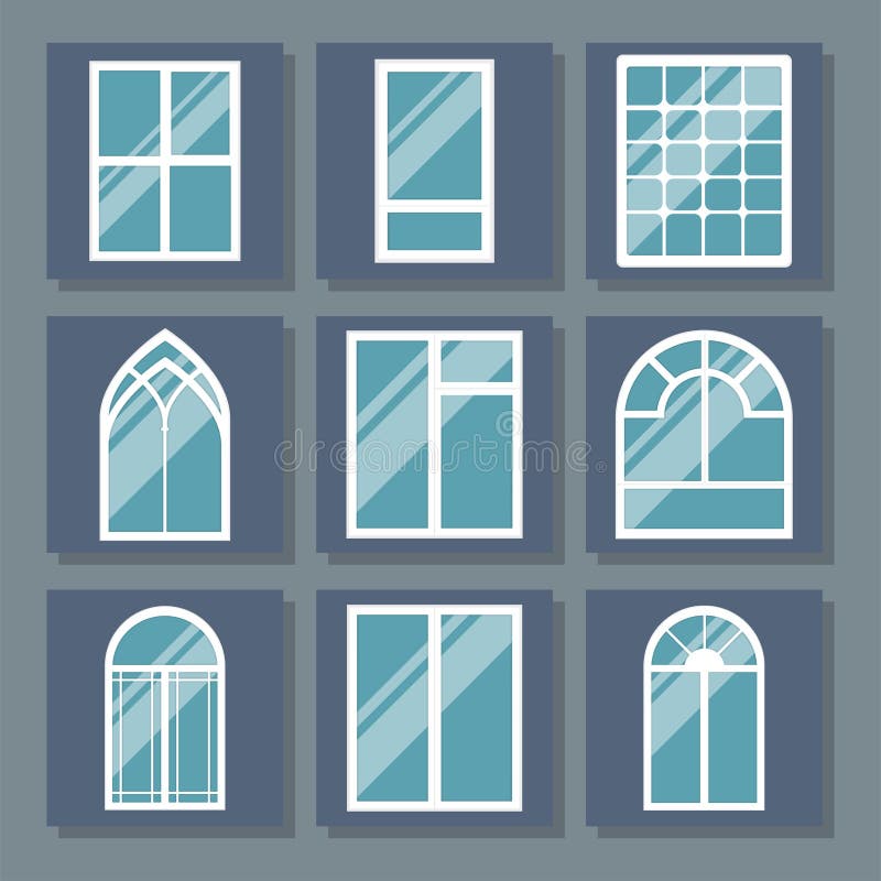 Different Types House Windows Elements Flat Style Glass Frames ...