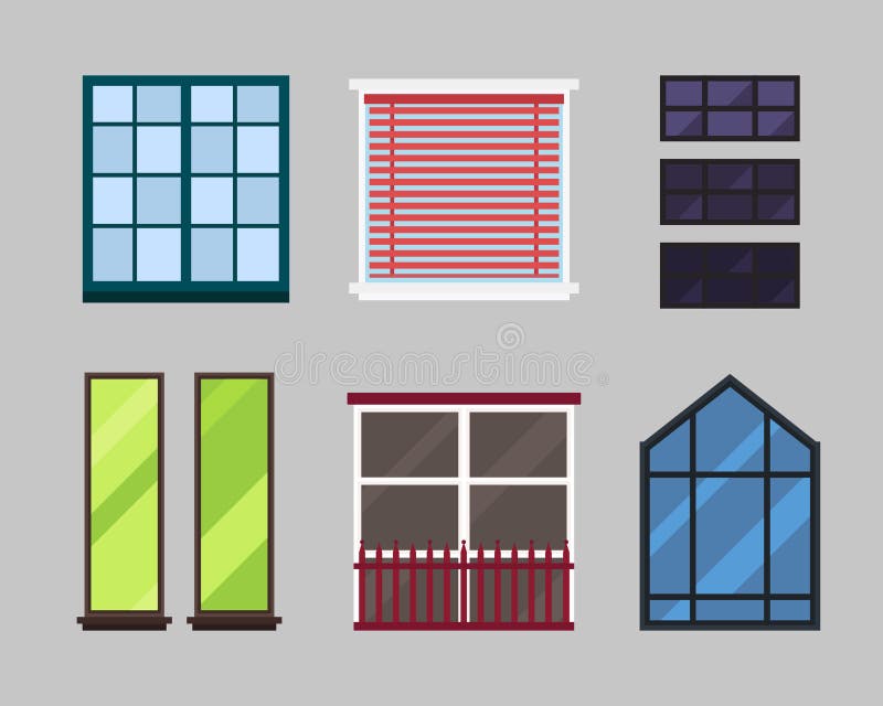 Different Types House Windows Elements Isolated Set Flat Style Frames ...
