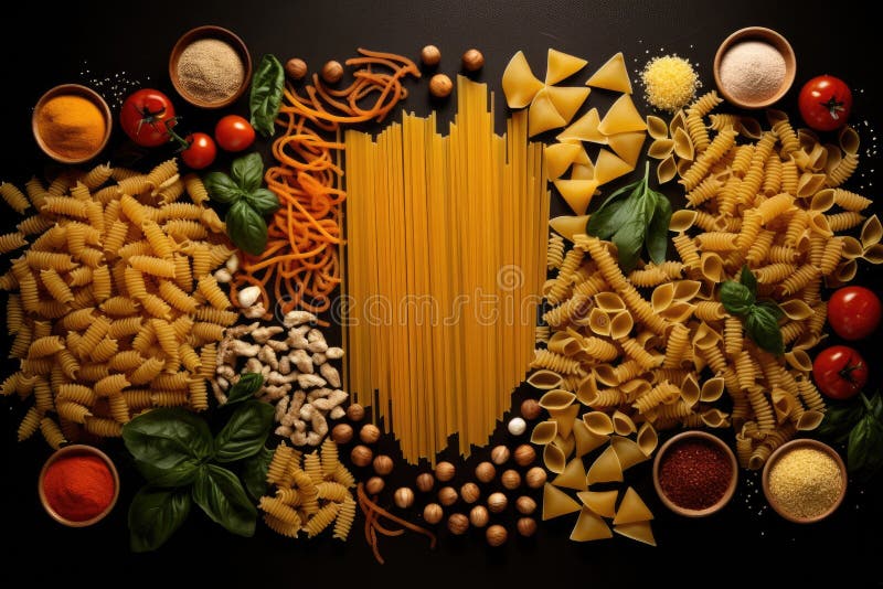 Different Types of Italian Pasta Black Background. Concept of Italian ...
