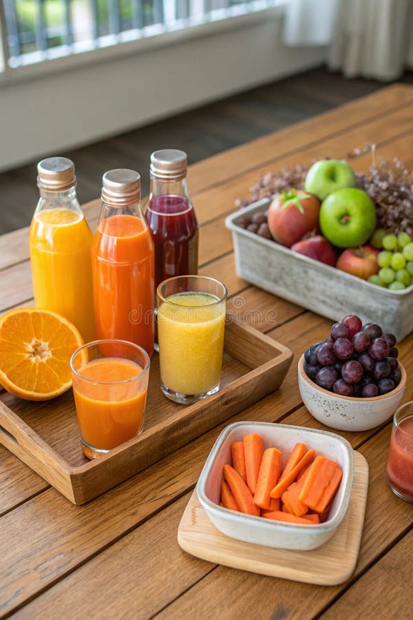 Different Types of Juices on Wooden Table Stock Photo - Image of ...