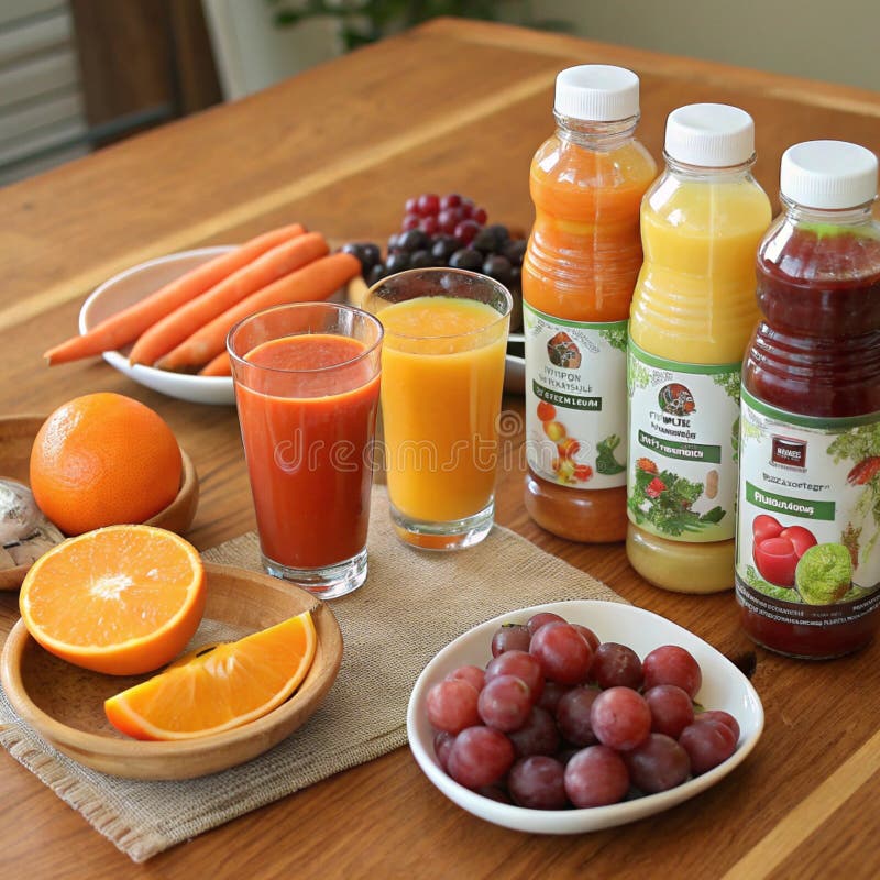 Different Types of Juices on Wooden Table Stock Image - Image of ...