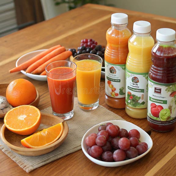 Different Types of Juices on Wooden Table Stock Image - Image of ...