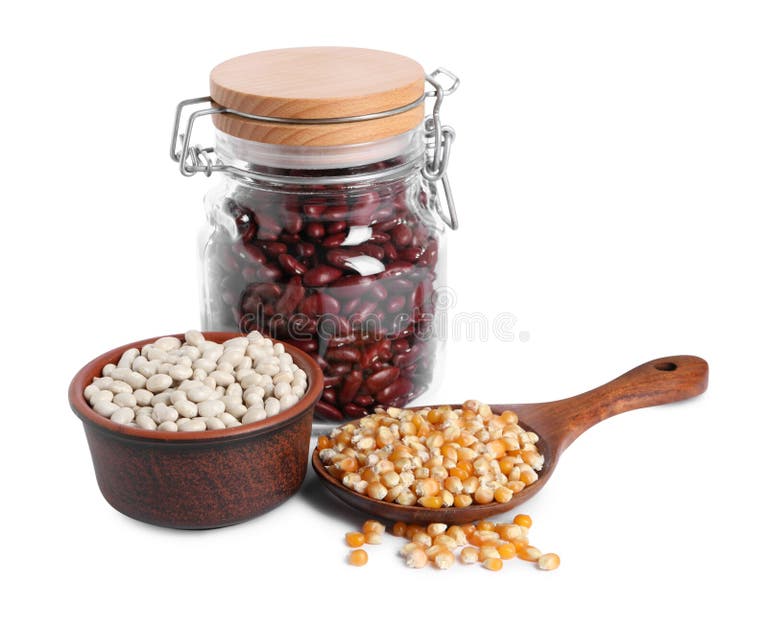 Different Types of Legumes and Corn Kernels Isolated on White Stock ...