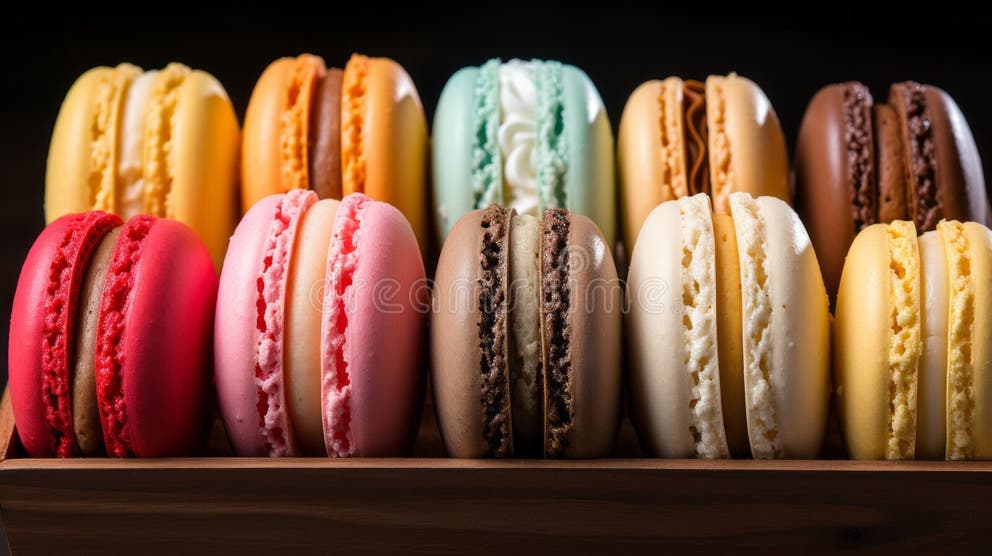 Different Types of Macaroons in Box Close Up. Generative AI. Stock ...