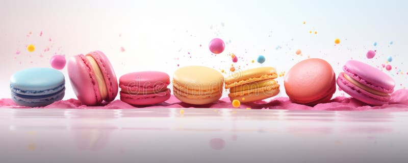 Different Types of Macaroons in Motion Falling on a Colorful Background ...