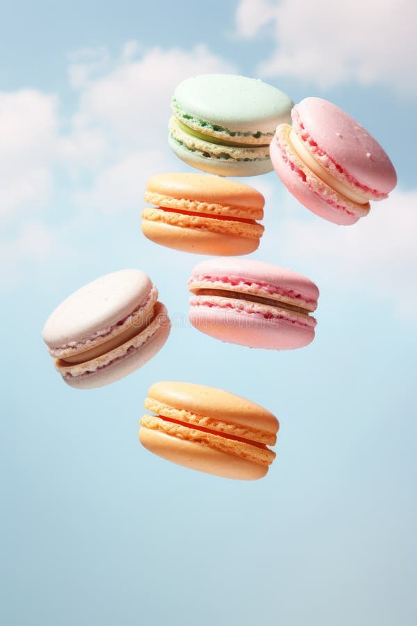 Different Types of Macaroons in Motion Falling on a Colorful Background ...