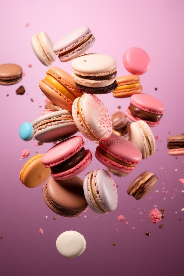 Different Types of Macaroons in Motion Falling on a Colorful Background ...