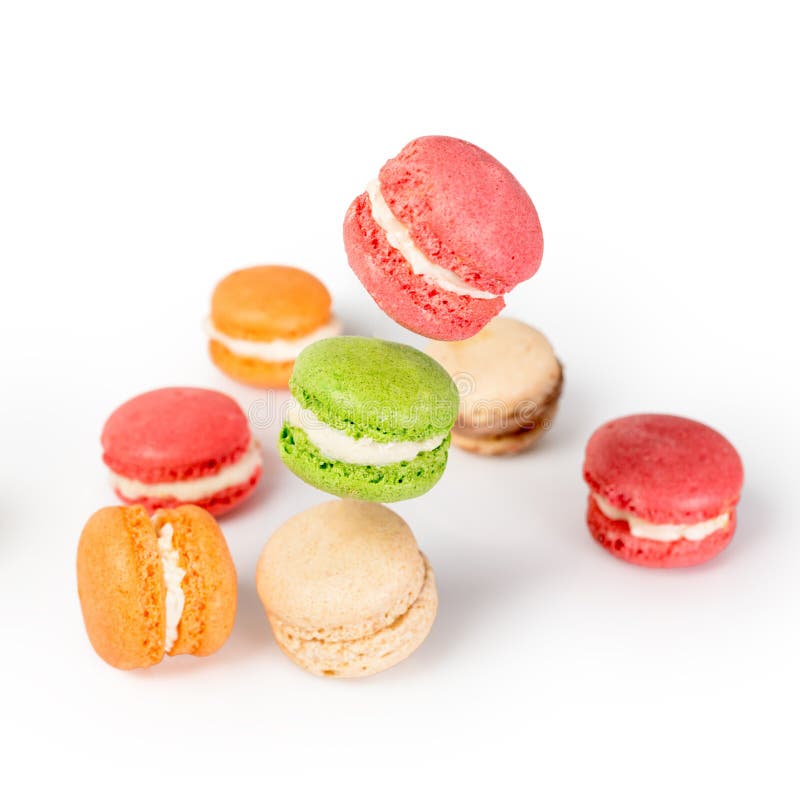 Different Types of Macaroons in Motion Falling or Flying on White ...