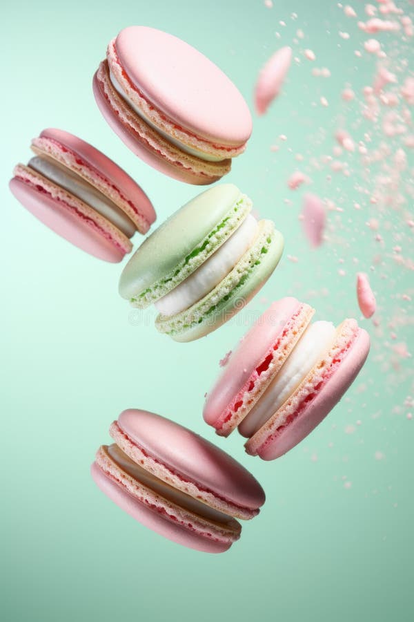 Different Types of Macaroons in Motion Falling on a Green Background ...