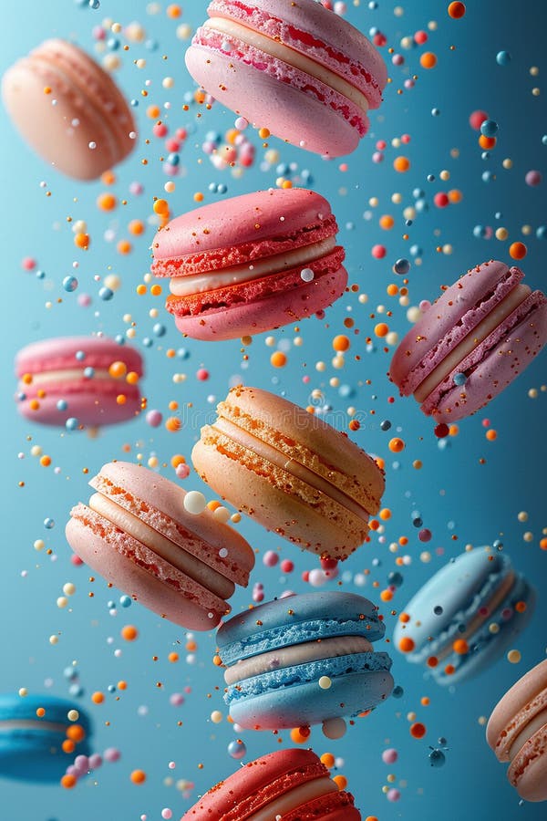 Different Types of Macaroons in Motion Falling on Light Blue Background ...