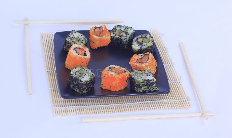 Different Types of Maki Sushi on a Black Plate Stock Image - Image of ...