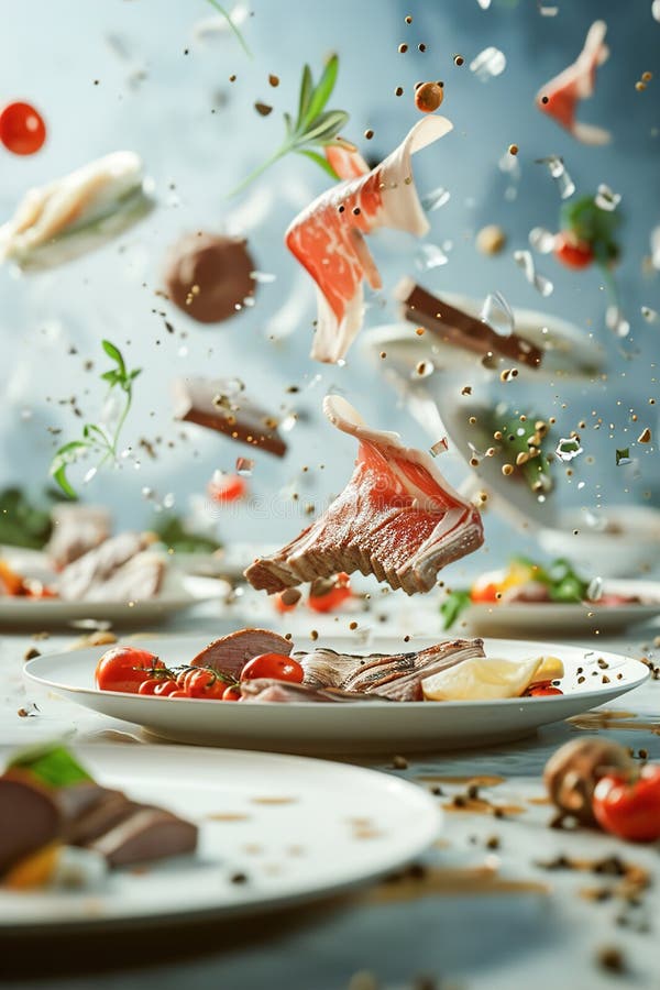 Different Types of Meal and Vegetables Cooked Flying and Floating in ...