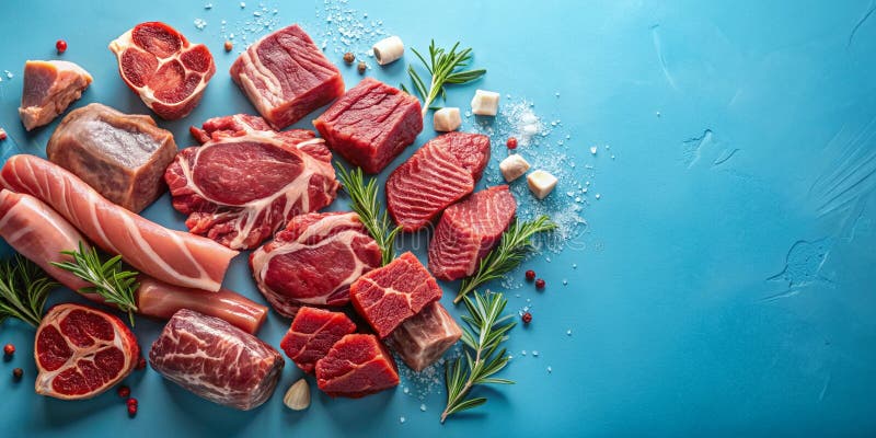 Different Types of Meat Source of Protein on a Blue Background and Ice ...