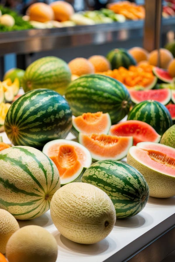 Different Types of Melons Arranged at a Market Stand. Stock Image ...