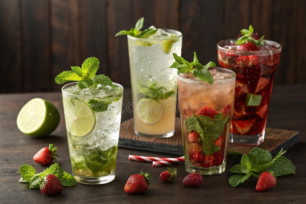 Different Types of Mojito Cocktail on Dark Brown Stock Illustration ...