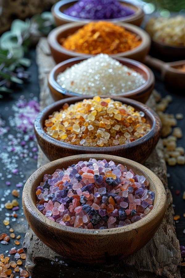 Different Types of Natural Aromatic Salts in Wooden Bowls on Wooden ...