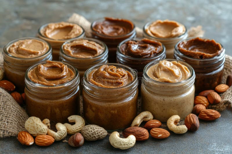 Different Types of Nut Butters are Displayed in Clear Glass Jars ...