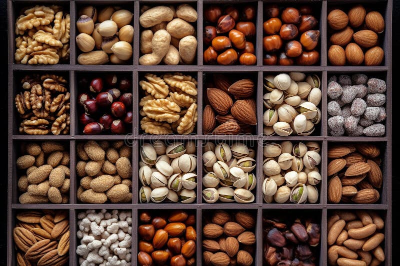 Different Types of Nuts Arranged in Boxes. Conceptual Illustration ...