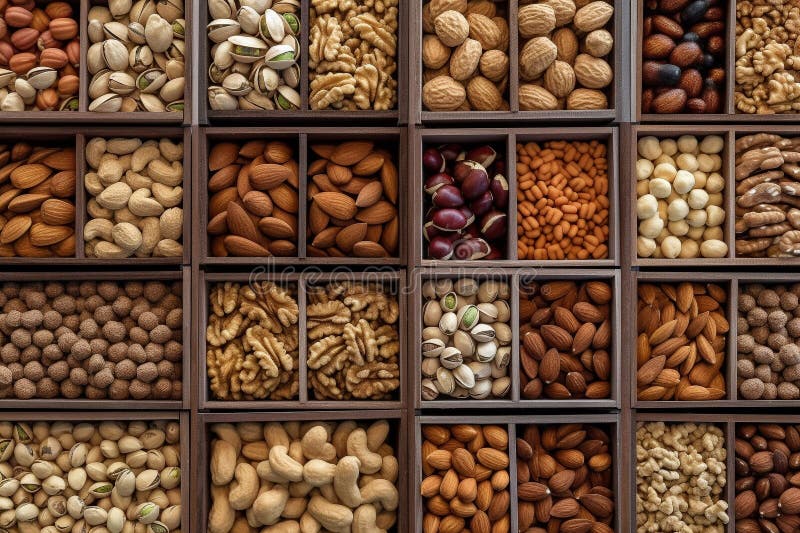 Different Types of Nuts Arranged in Boxes. Conceptual Illustration ...