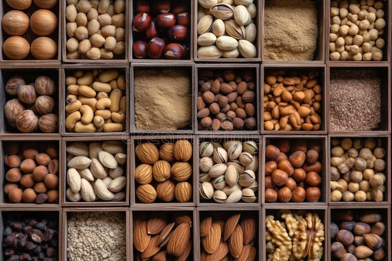 Different Types of Nuts Arranged in Boxes. Conceptual Illustration ...