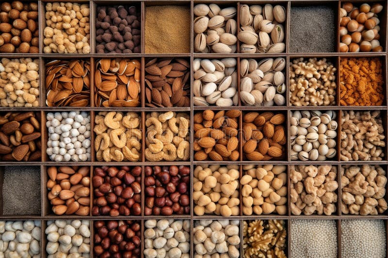 Different Types of Nuts Arranged in Boxes. Conceptual Illustration ...