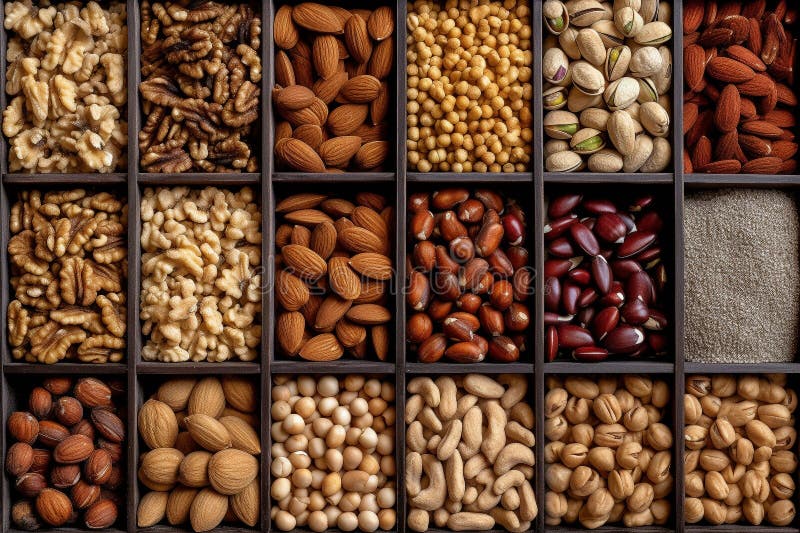 Different Types of Nuts Arranged in Boxes. Conceptual Illustration. Generative AI Stock ...