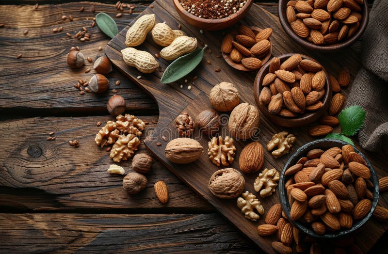 Different Types of Nuts in Bowls and on Wooden Table Stock Image ...