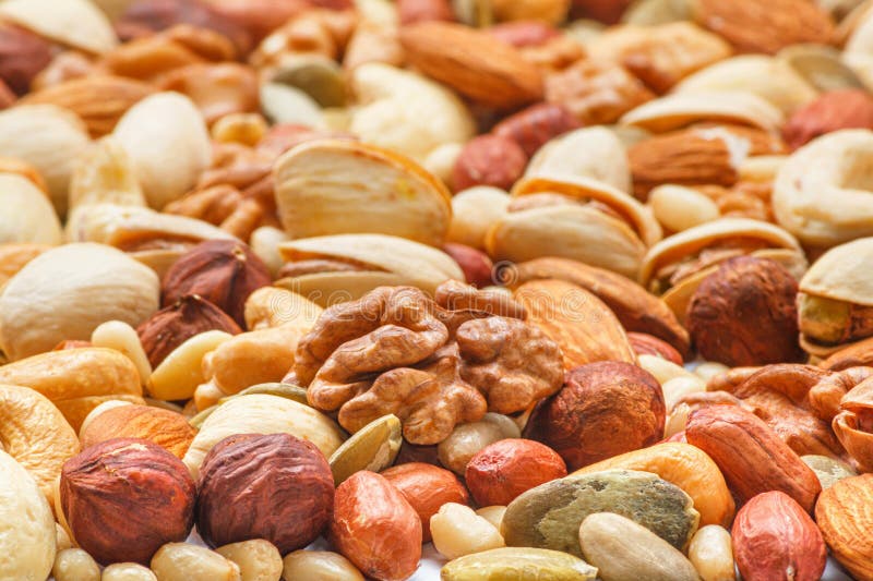Different Types of Nuts and Seeds, Photo with Selective Focus. Peeled ...