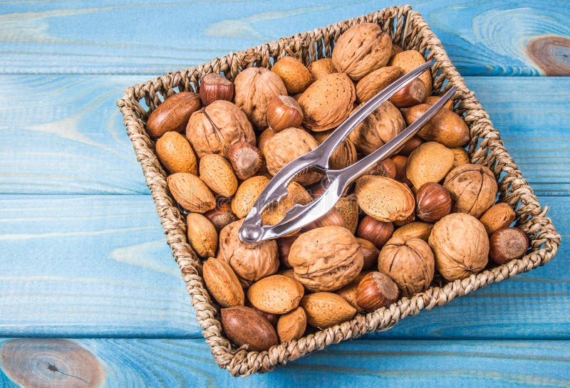 Different Types of Nuts in a Shell on a Wooden Background. Stock Image ...