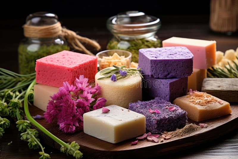 Different Types of Organic Soaps and Bath Sponges Stock Photo - Image ...