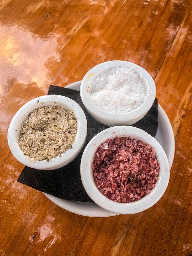 3 Different Types Os Salt on Small White Containers Stock Photo - Image ...