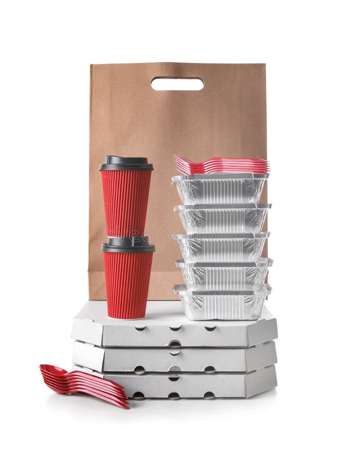 Different Types of Packages on White Background. Food Delivery Service ...